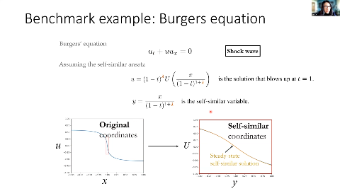 Slide 23/72 at 18:22: Benchmark example: Burgers equation