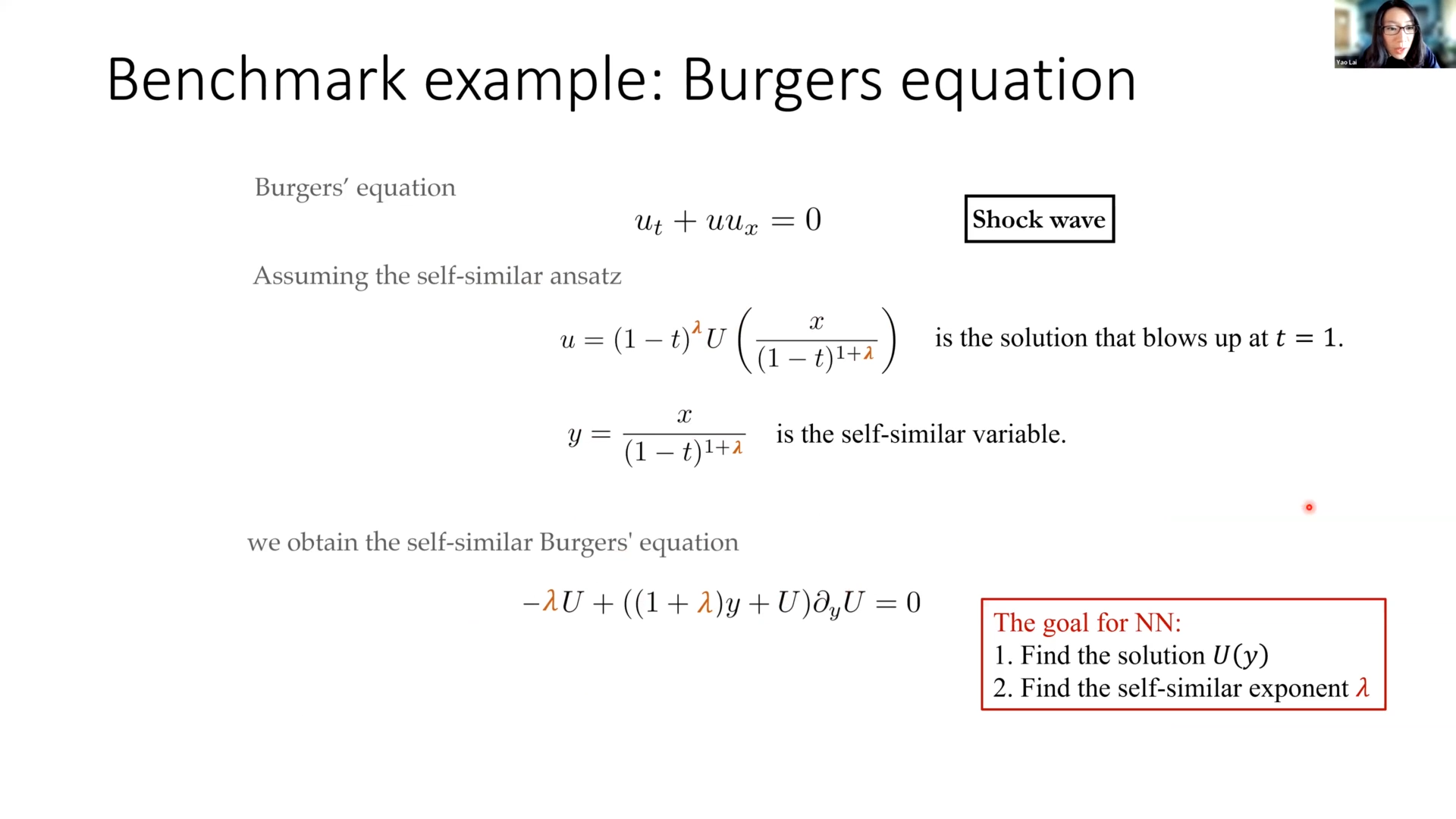 Slide 24/72 at 19:00: Benchmark example: Burgers equation