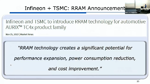 Slide 16/29 at 16:42: Infineon + TSMC: RRAM Announcement
