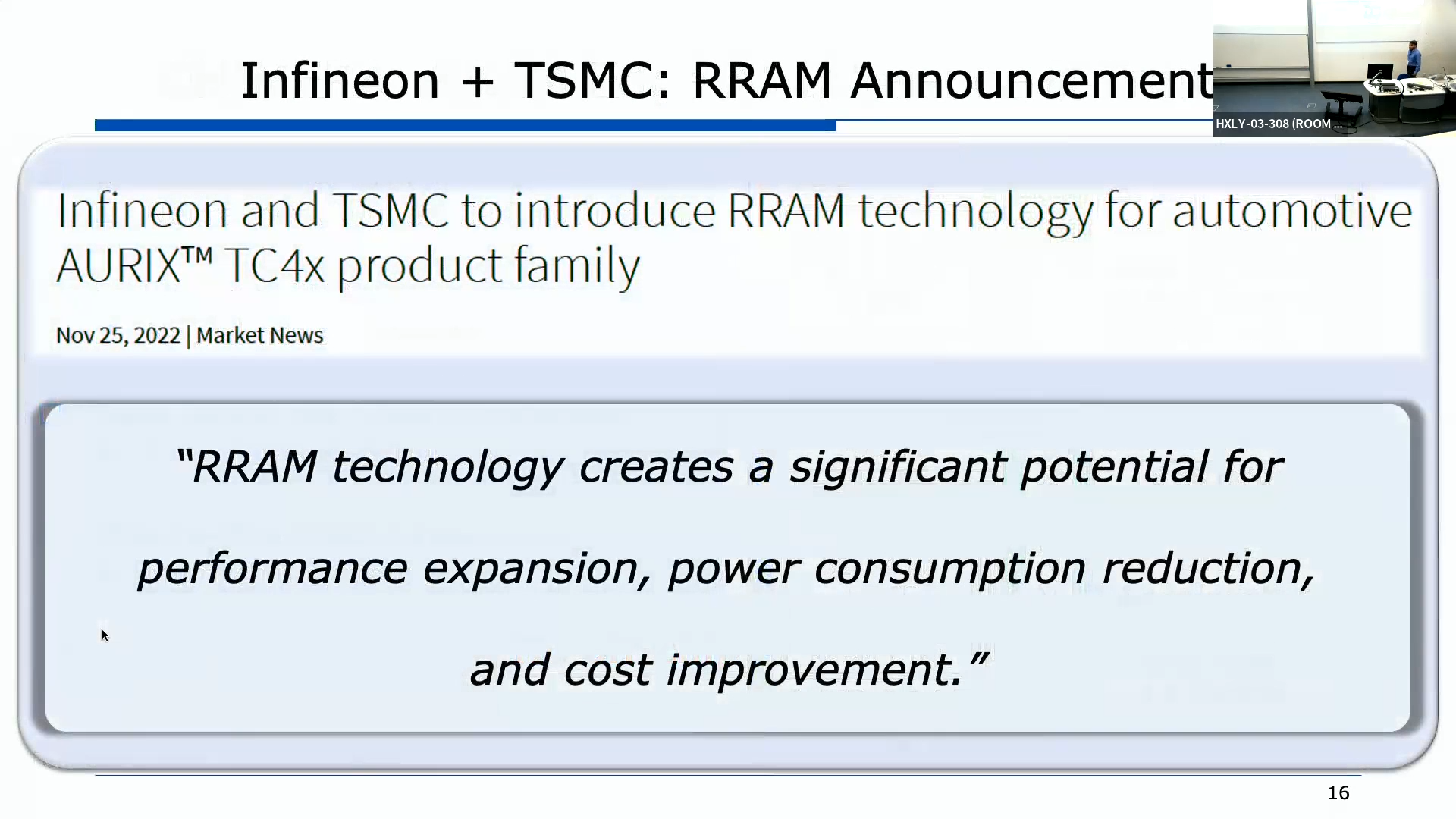 Slide 16/29 at 16:42: Infineon + TSMC: RRAM Announcement