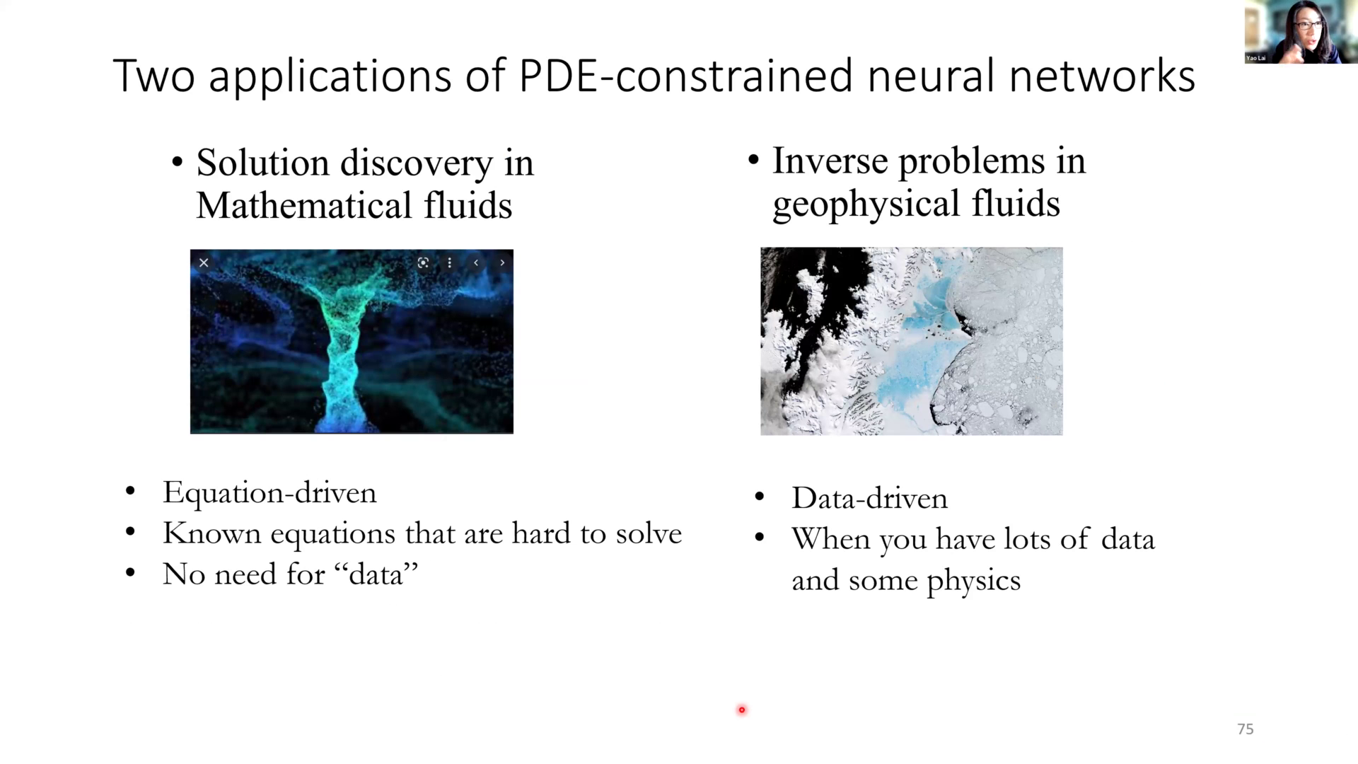 Slide 69/72 at 45:55: Two applications of PDE-constrained neural networks