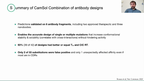 Slide 19/21 at 14:46: ummary of CamSol Combination of antibody designs