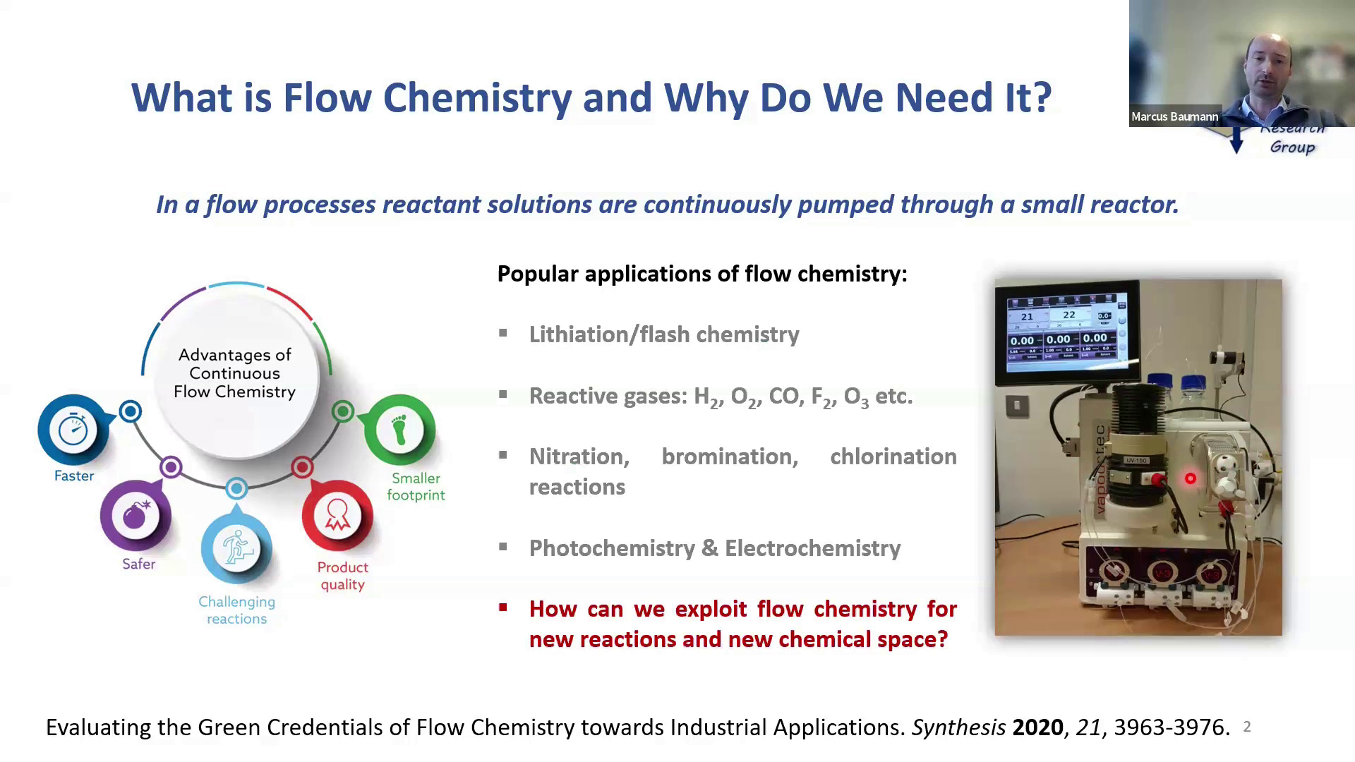 Slide 9/21 at 09:42: In a flow processes reactant solutions are ...