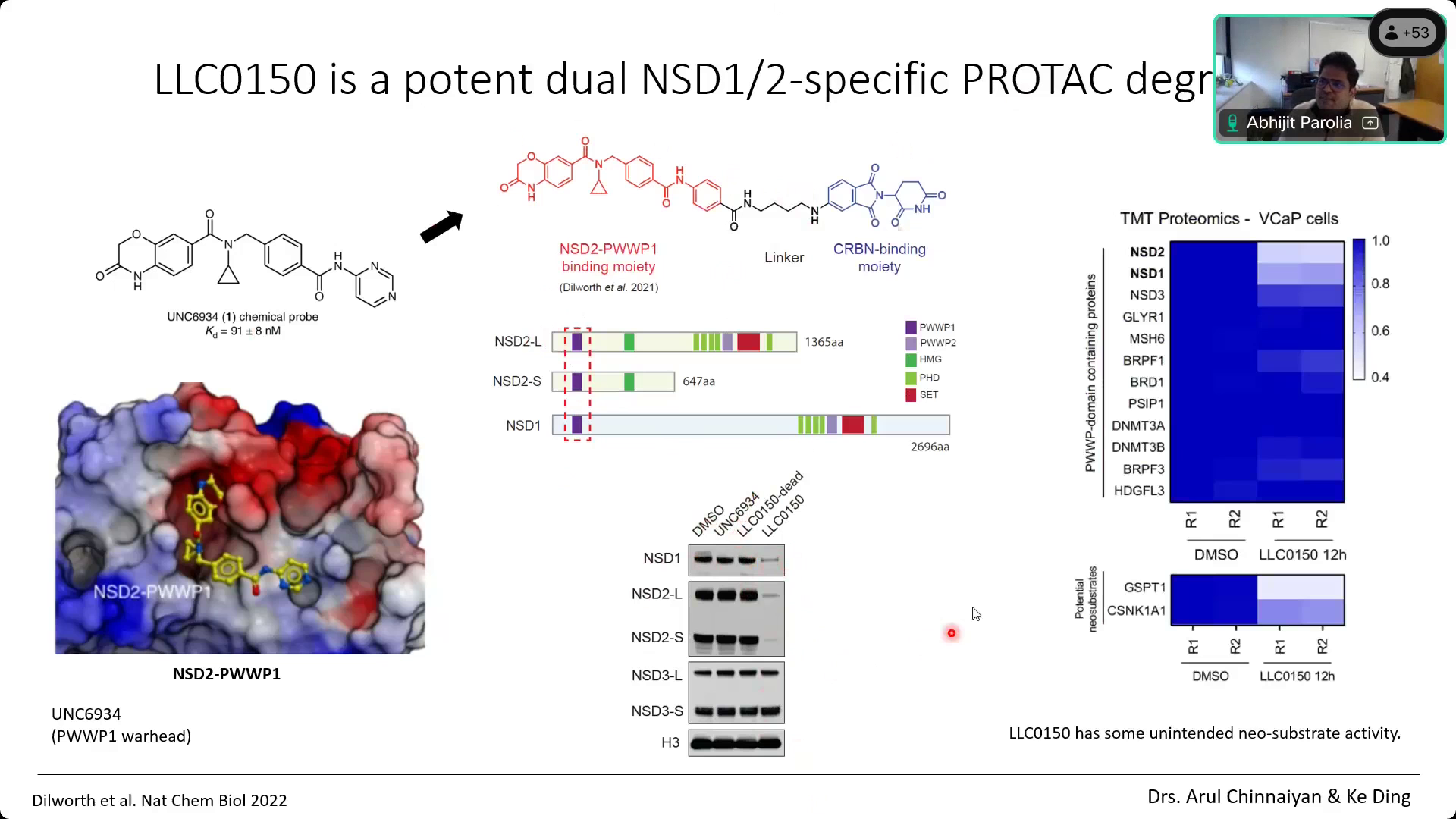 Slide 33/42 at 44:27: LLC0150 is a potent dual NSD1/2-specific PROTAC degri